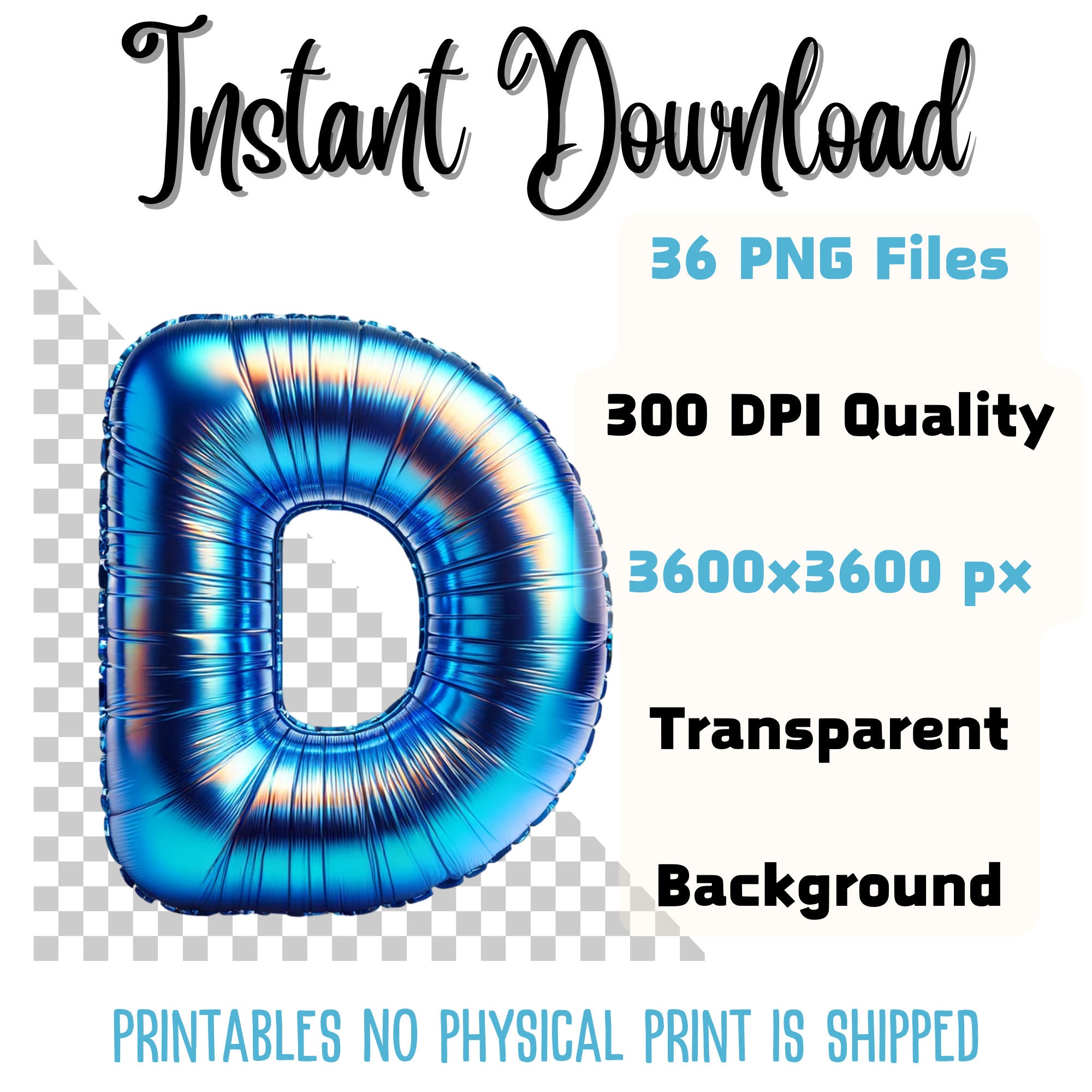 Holographic Blue Foil Balloon Alphabets and Numbers Clipart 36 PNG Blue ...