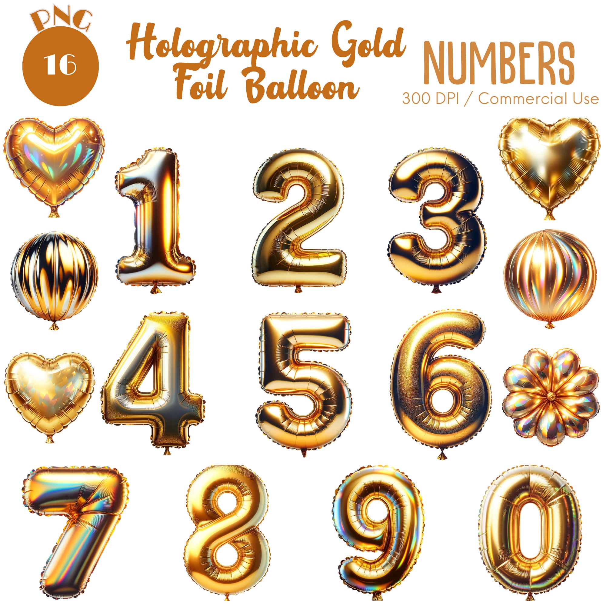 Holographic Gold Foil Balloon Numbers Clipart 16 PNG Gold Balloon ...