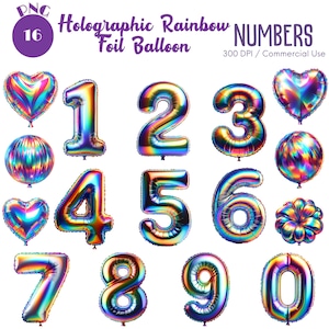 Holographic Rainbow Foil Balloon Numbers Clipart 16 PNG Rainbow Balloon ...