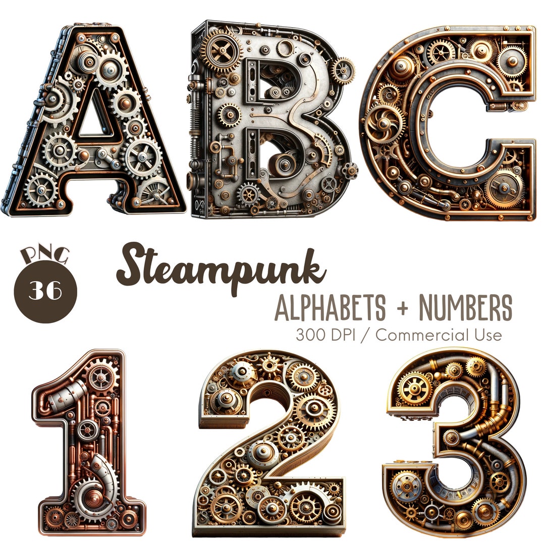 Steampunk Alphabets and Numbers Clipart 36 PNG Steampunk Alpha Clipart ...