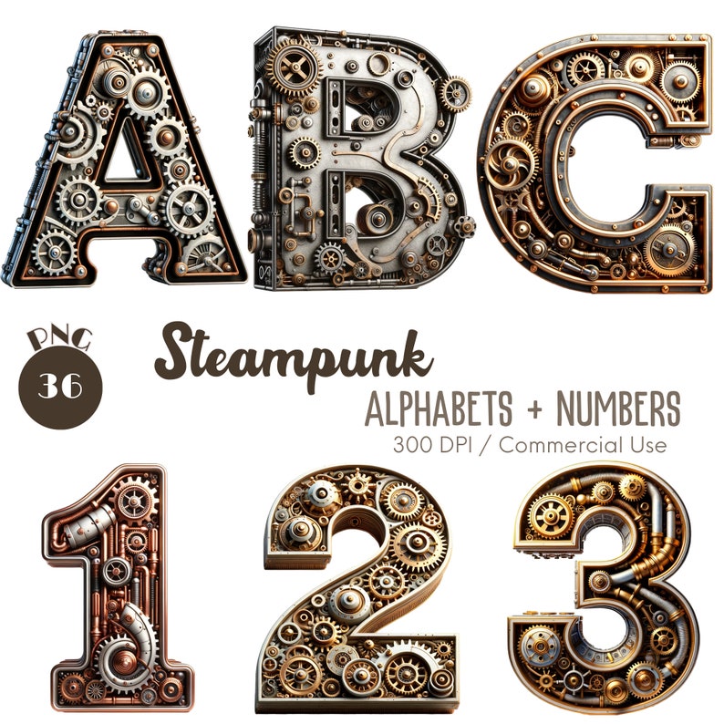 Steampunk Alphabets and Numbers Clipart 36 PNG Steampunk Alpha Clipart ...