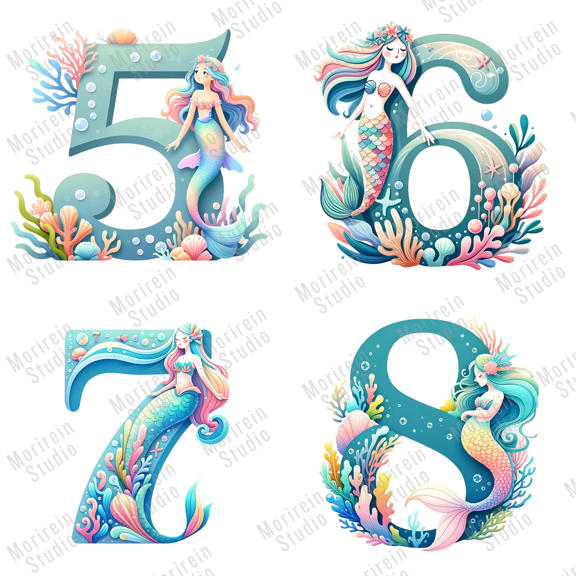 Mermaid Numbers Clipart 10 PNG Mermaid Numbers Birthday PNG Under the ...