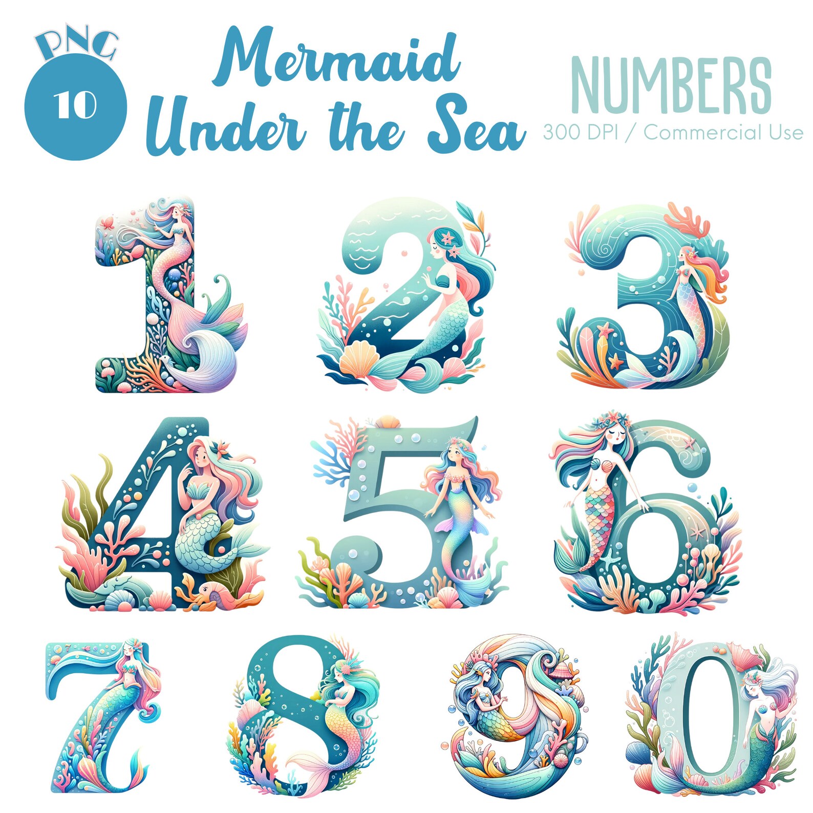 Mermaid Numbers Clipart 10 PNG Mermaid Numbers Birthday PNG Under the ...