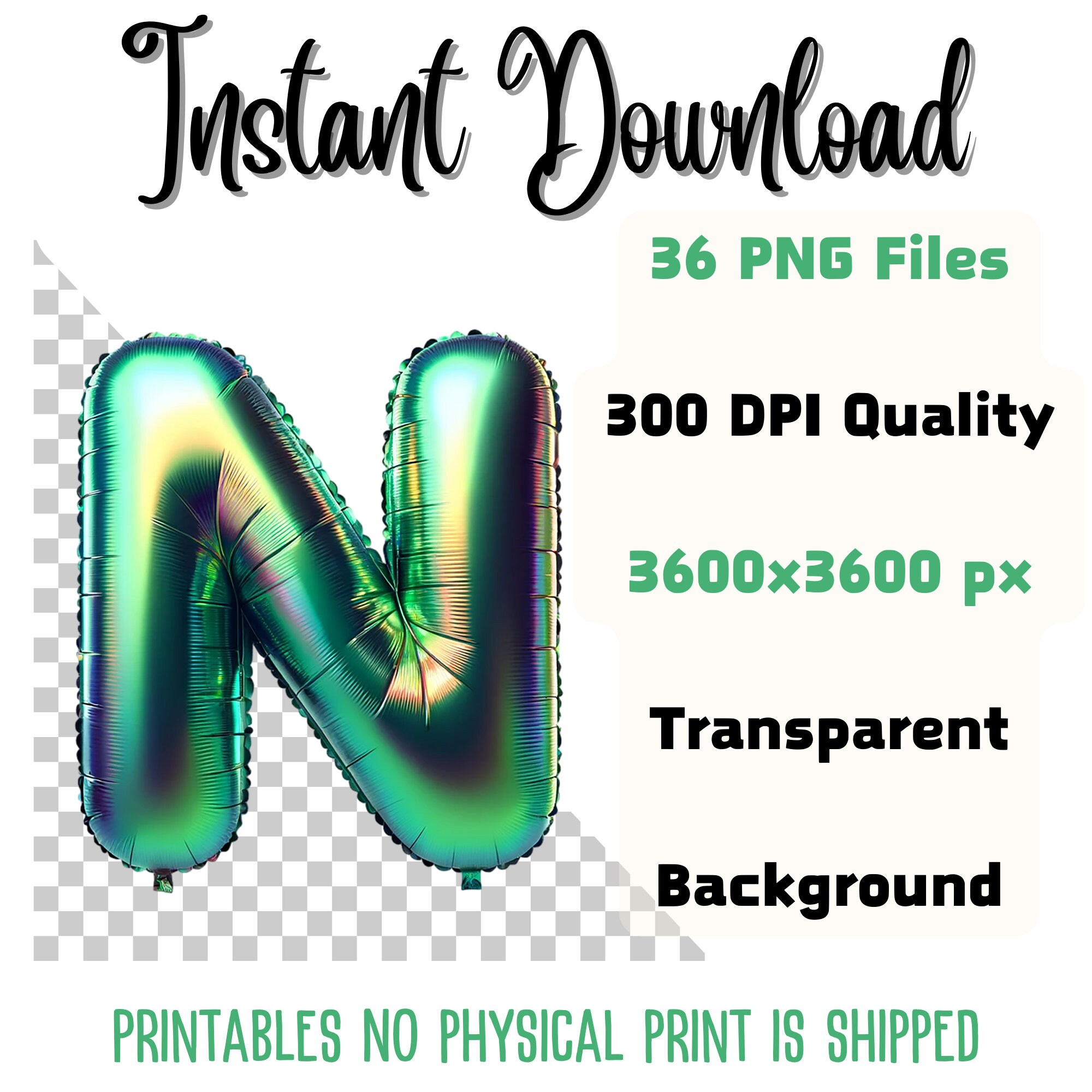 Holographic Green Foil Balloon Alphabets and Number Clipart 36 PNG ...