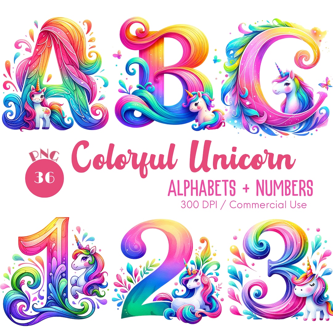 Unicorn Alphabets and Numbers Clipart 36 PNG Unicorn Alphabet Clipart ...
