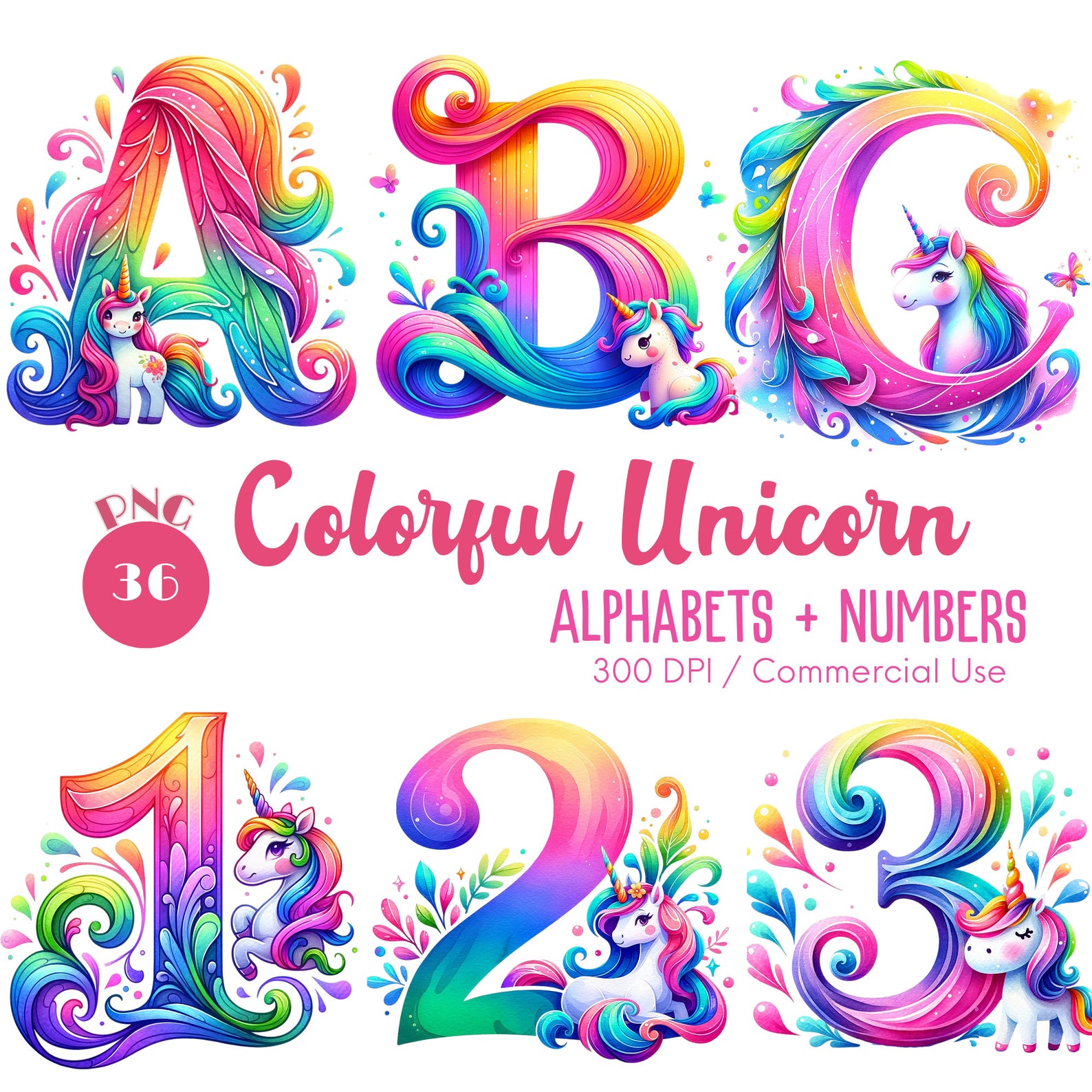 Unicorn Alphabets and Numbers Clipart 36 PNG Unicorn Alphabet Clipart ...