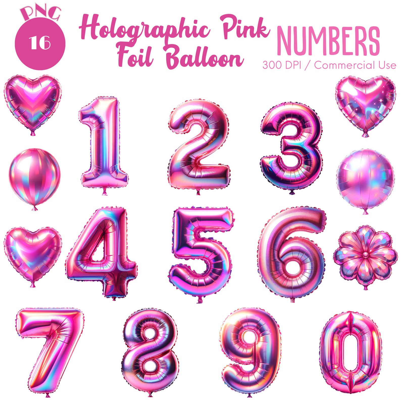 Holographic Pink Foil Balloon Numbers Clipart 16 PNG Pink Balloon ...