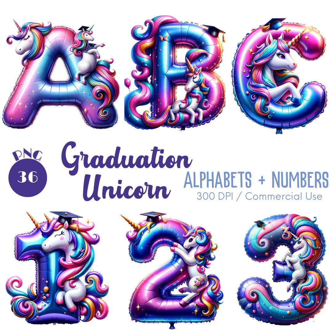 Graduation Unicorn Foil Balloon Alphabets and Numbers Clipart 36 PNG ...