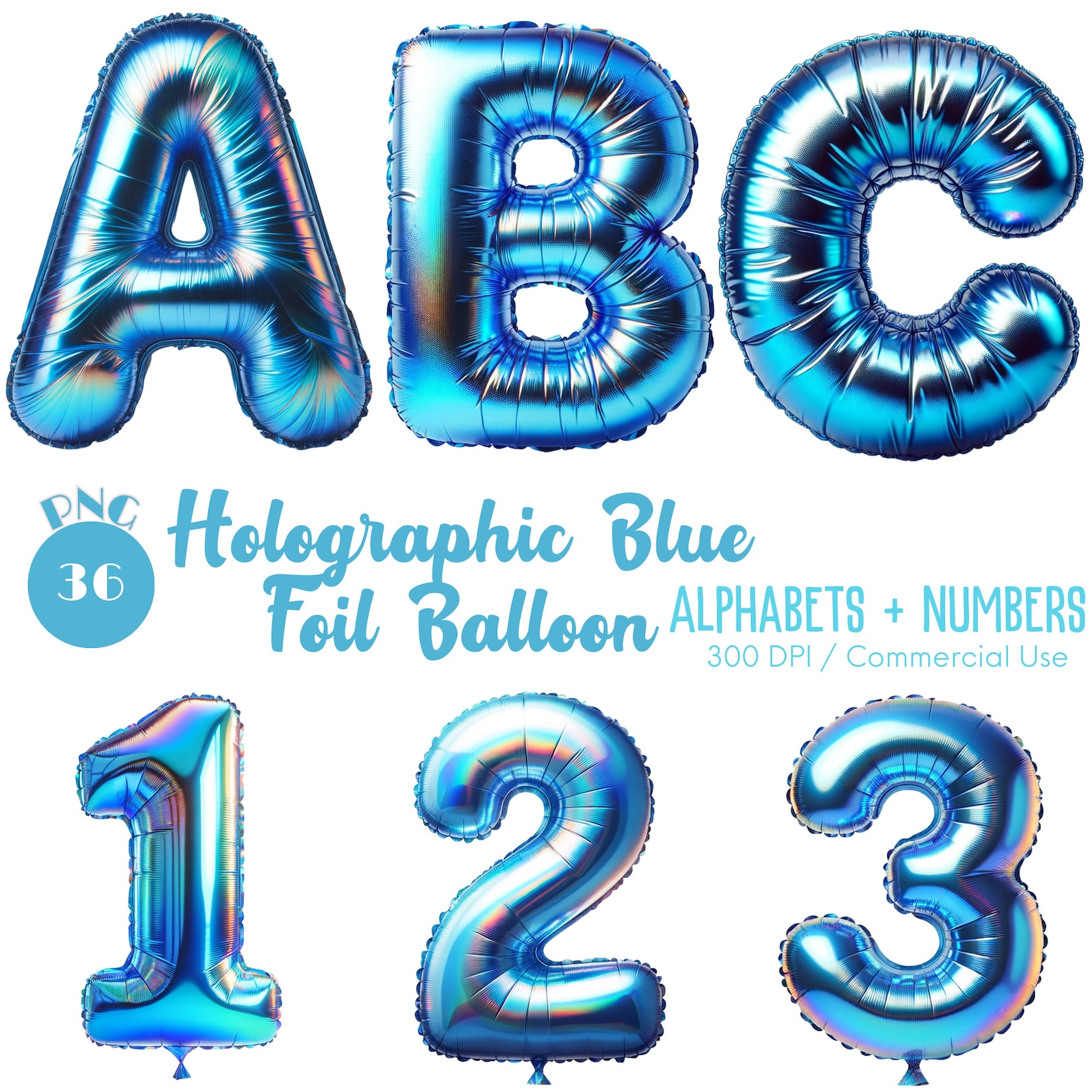 Holographic Blue Foil Balloon Alphabets and Numbers Clipart 36 PNG Blue ...