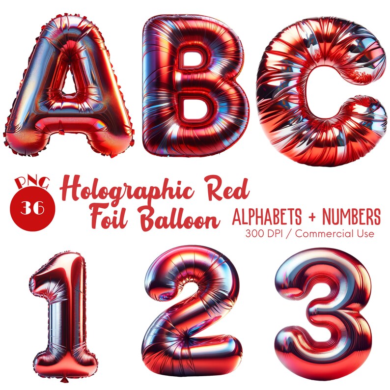 Holographic Red Foil Balloon Alphabets and Numbers Clipart 36 PNG Red ...