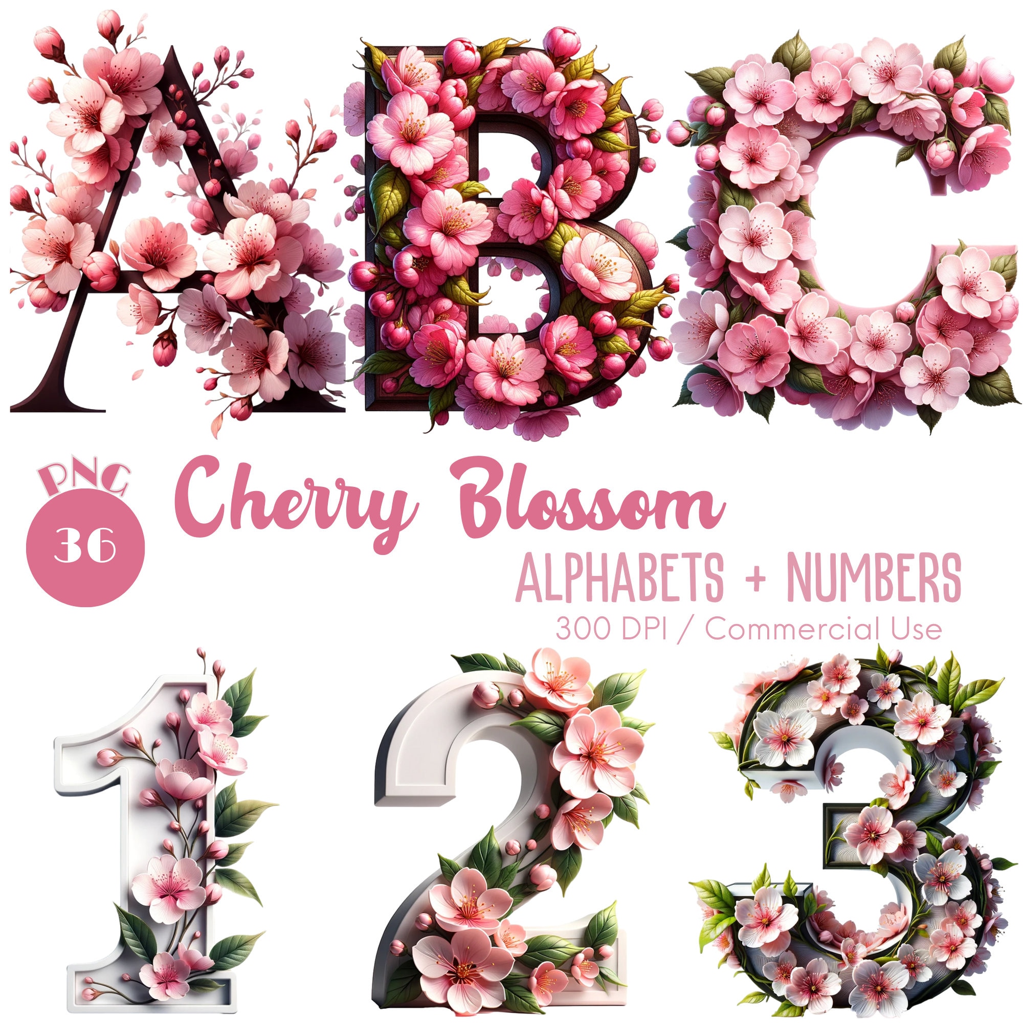 Cherry Blossom Alphabets and Numbers Clipart 36 PNG Cherry Blossom ...