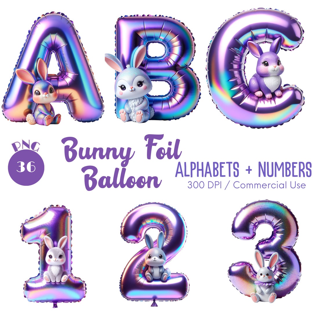 Bunny Holographic Foil Balloon Alphabets and Numbers Clipart 36 PNG ...