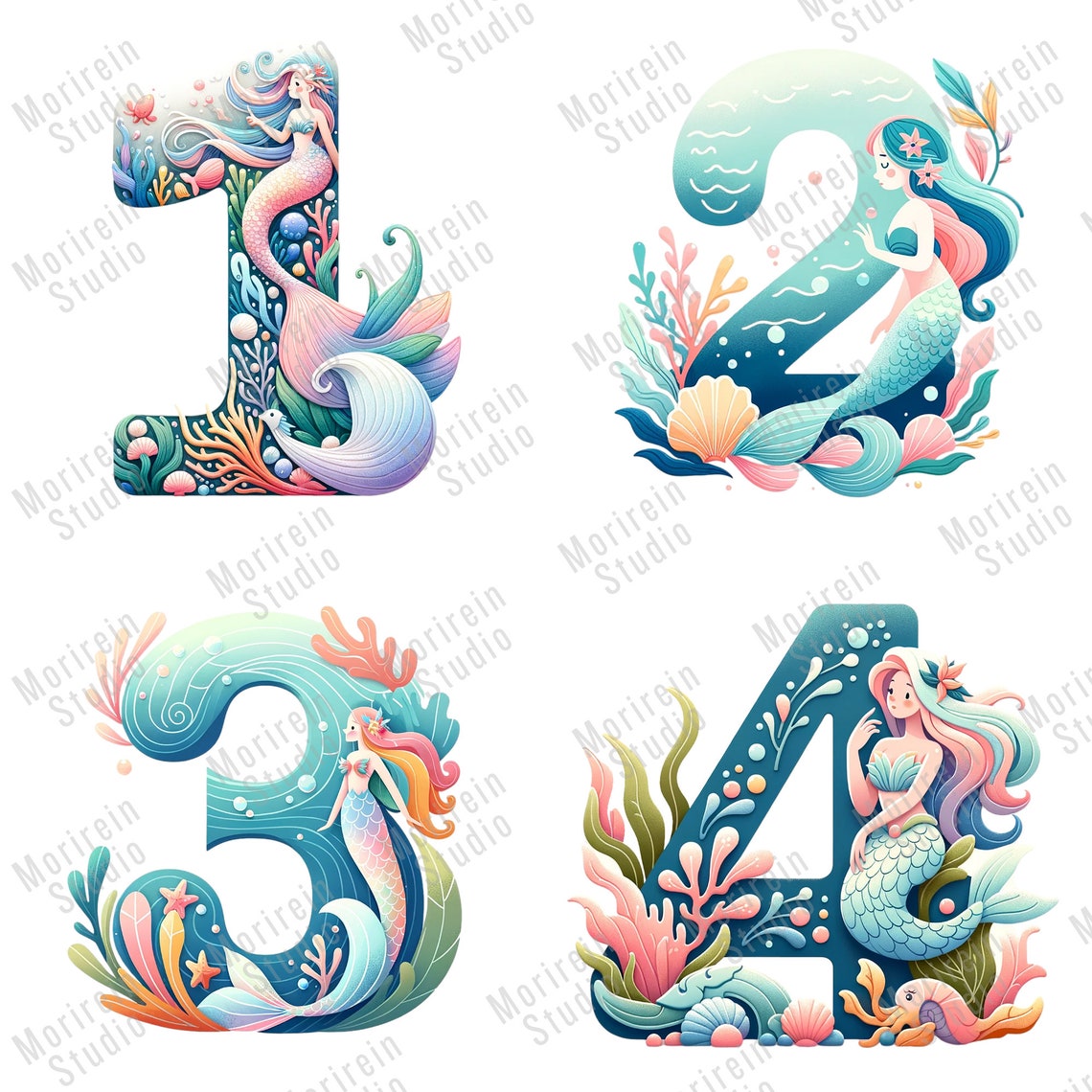 Mermaid Numbers Clipart 10 PNG Mermaid Numbers Birthday PNG Under the ...