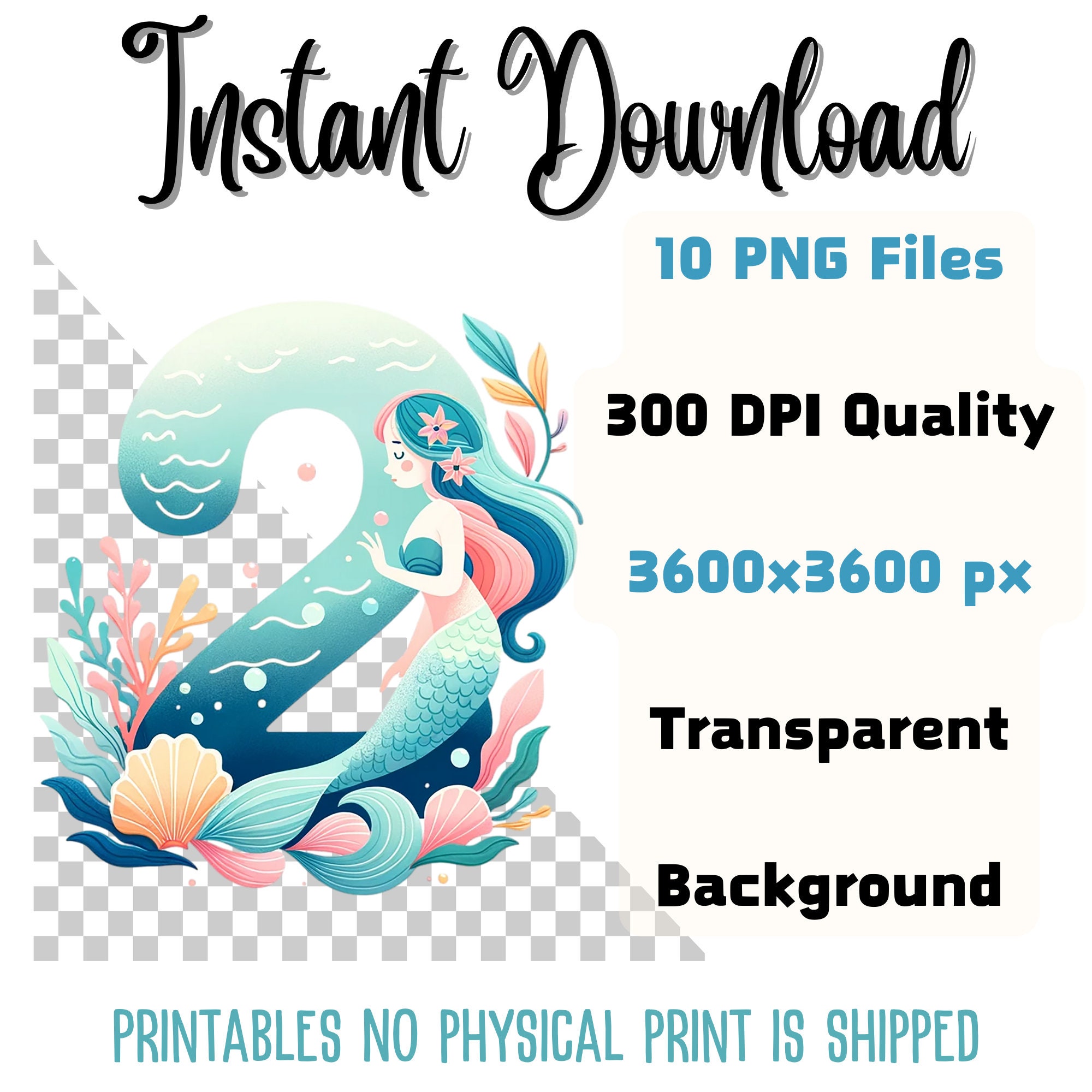 Mermaid Numbers Clipart 10 PNG Mermaid Numbers Birthday PNG Under the ...
