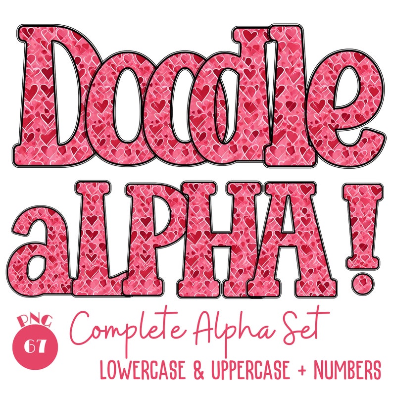 Pink Heart Alpha Doodle Bundle 67 PNG Valentine Doodle Alphabets and ...