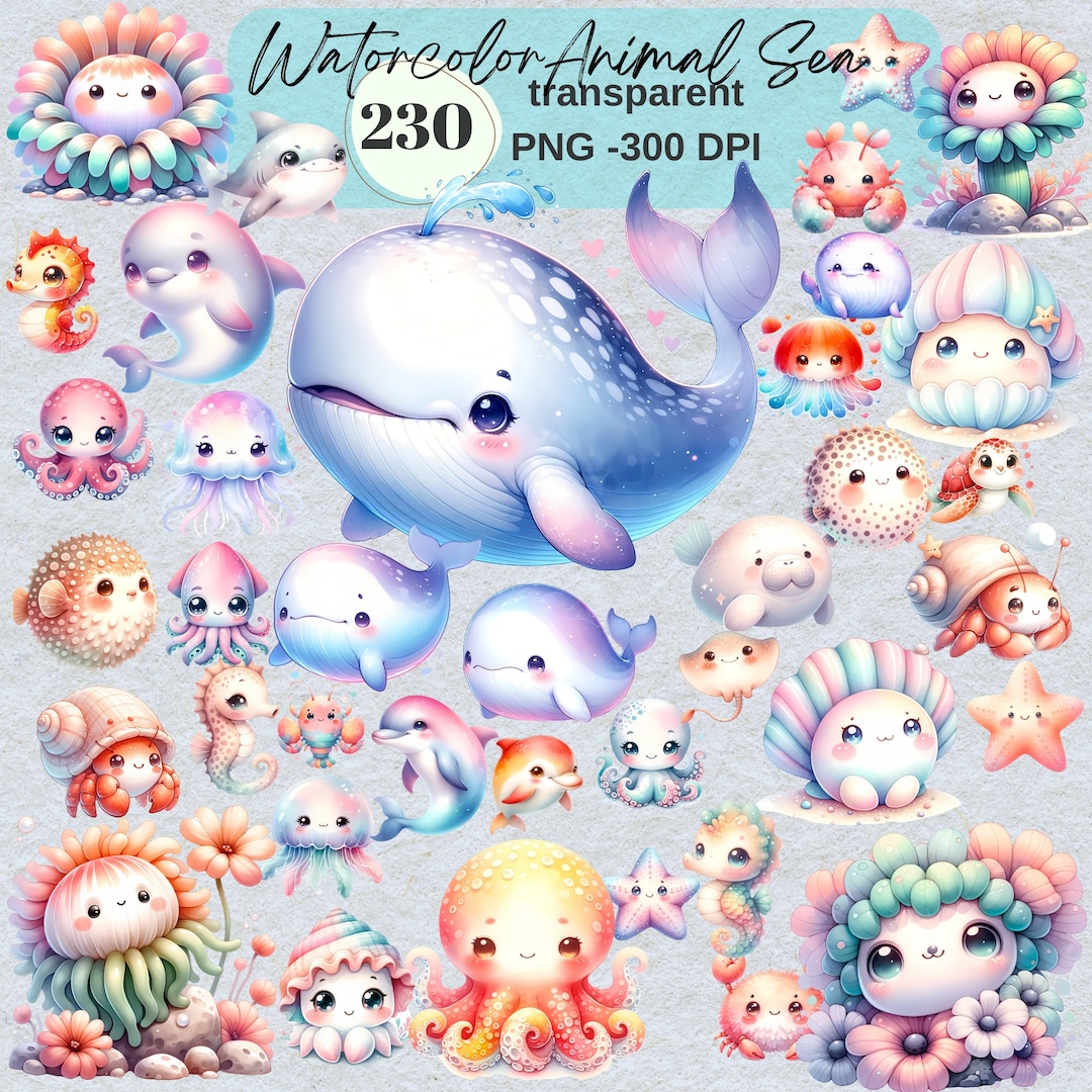 Watercolor Animals Sea ,watercolor Clipart Bundle , 230 PNG Animals Sea ...