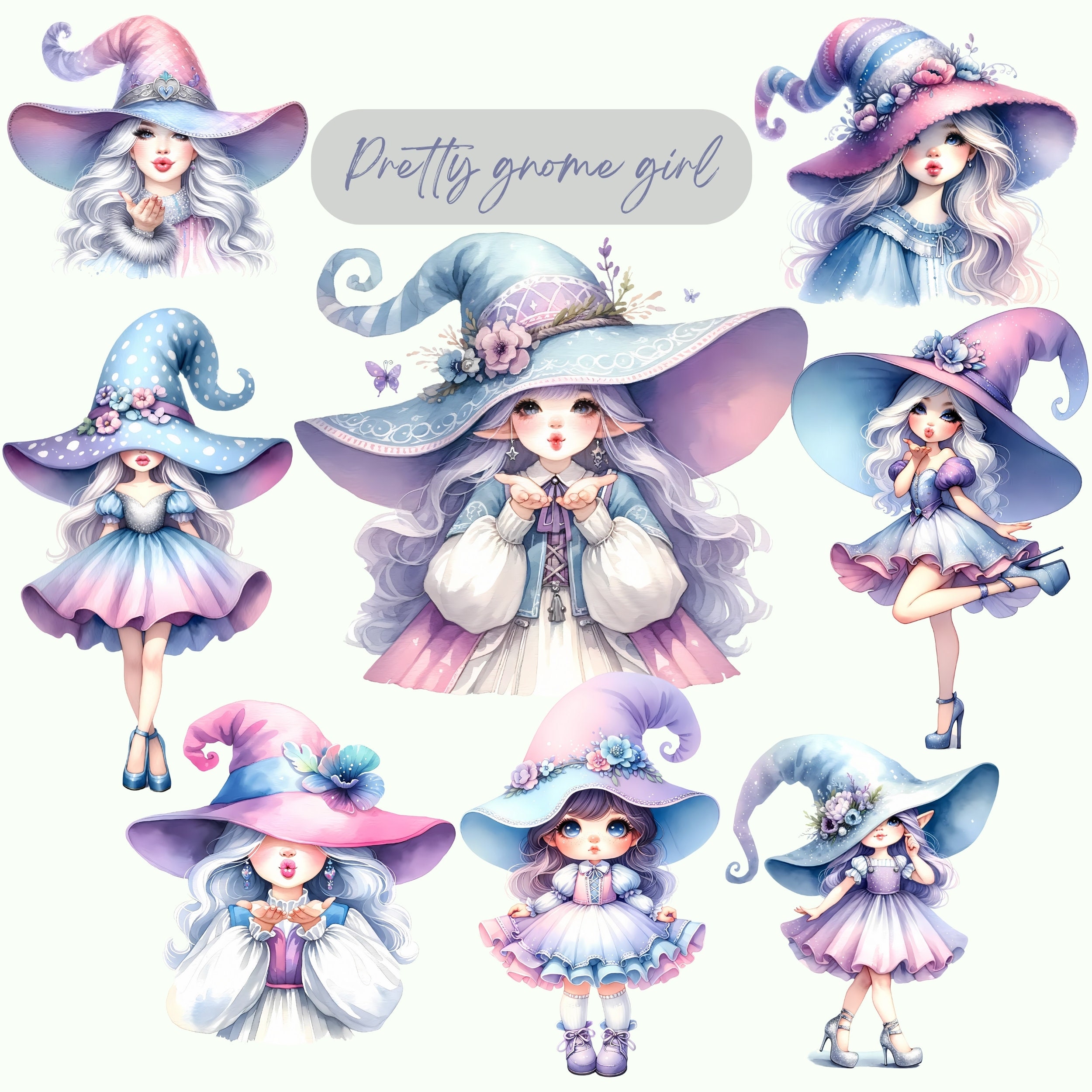 200 PNG Bundle Pretty Gnome Girl , Watercolor Gnome Girl Clipart,lovely ...