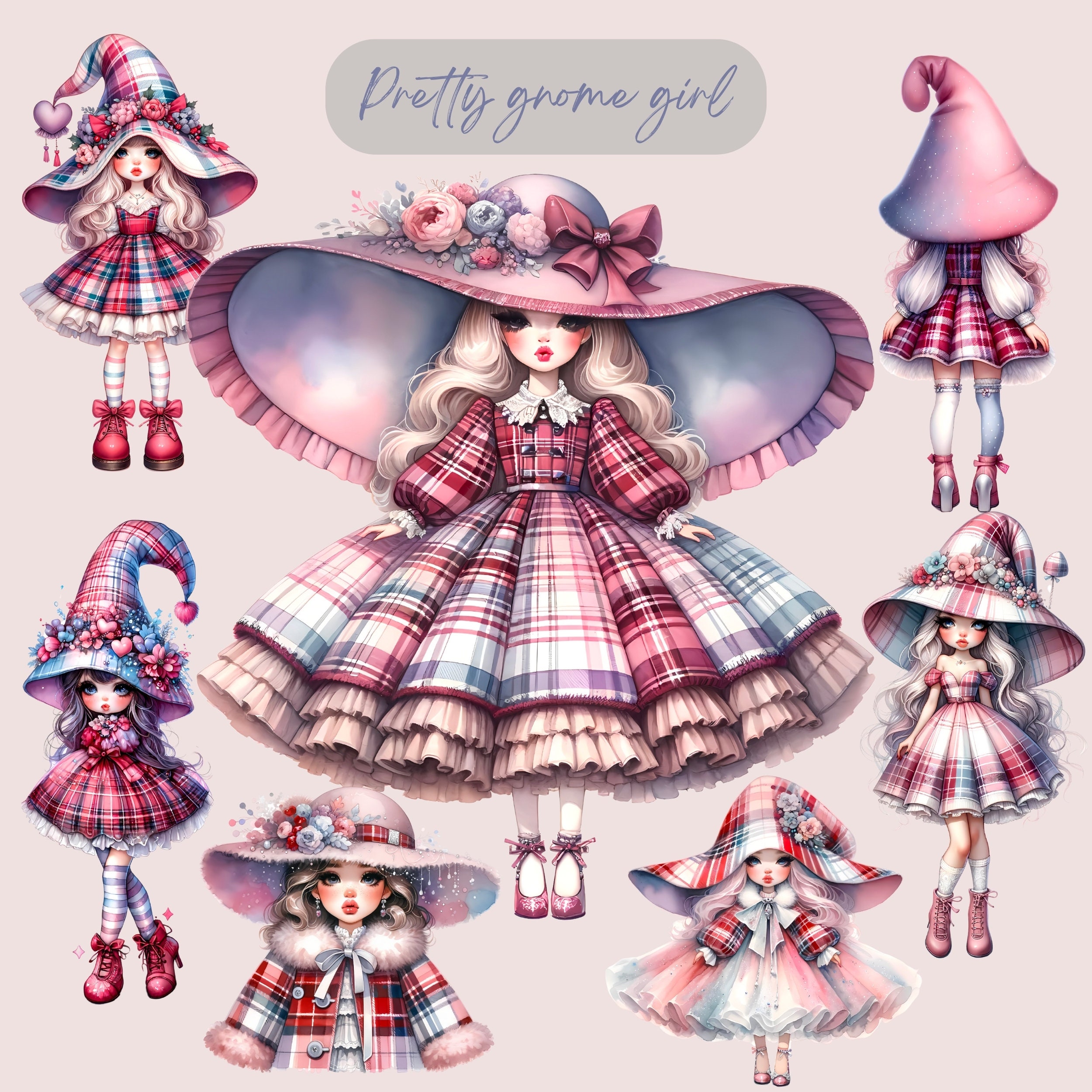 200 PNG Bundle Pretty Gnome Girl , Watercolor Gnome Girl Clipart,lovely ...