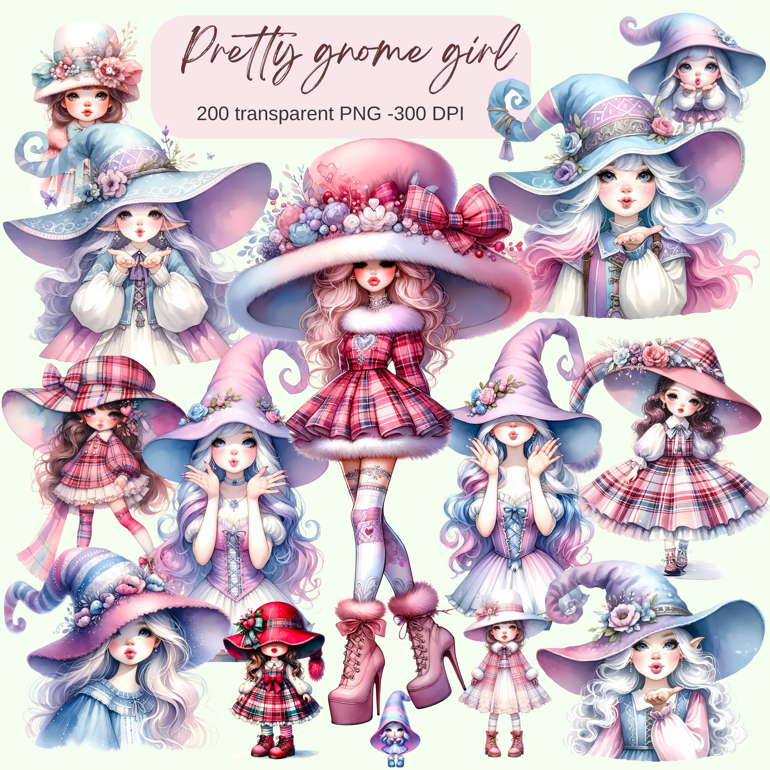 200 PNG Bundle Pretty Gnome Girl , Watercolor Gnome Girl Clipart,lovely ...