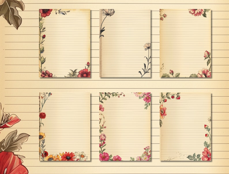 60 Lined Floral Junk Journal Pages, Printable Lined Flower Junk Journal ...