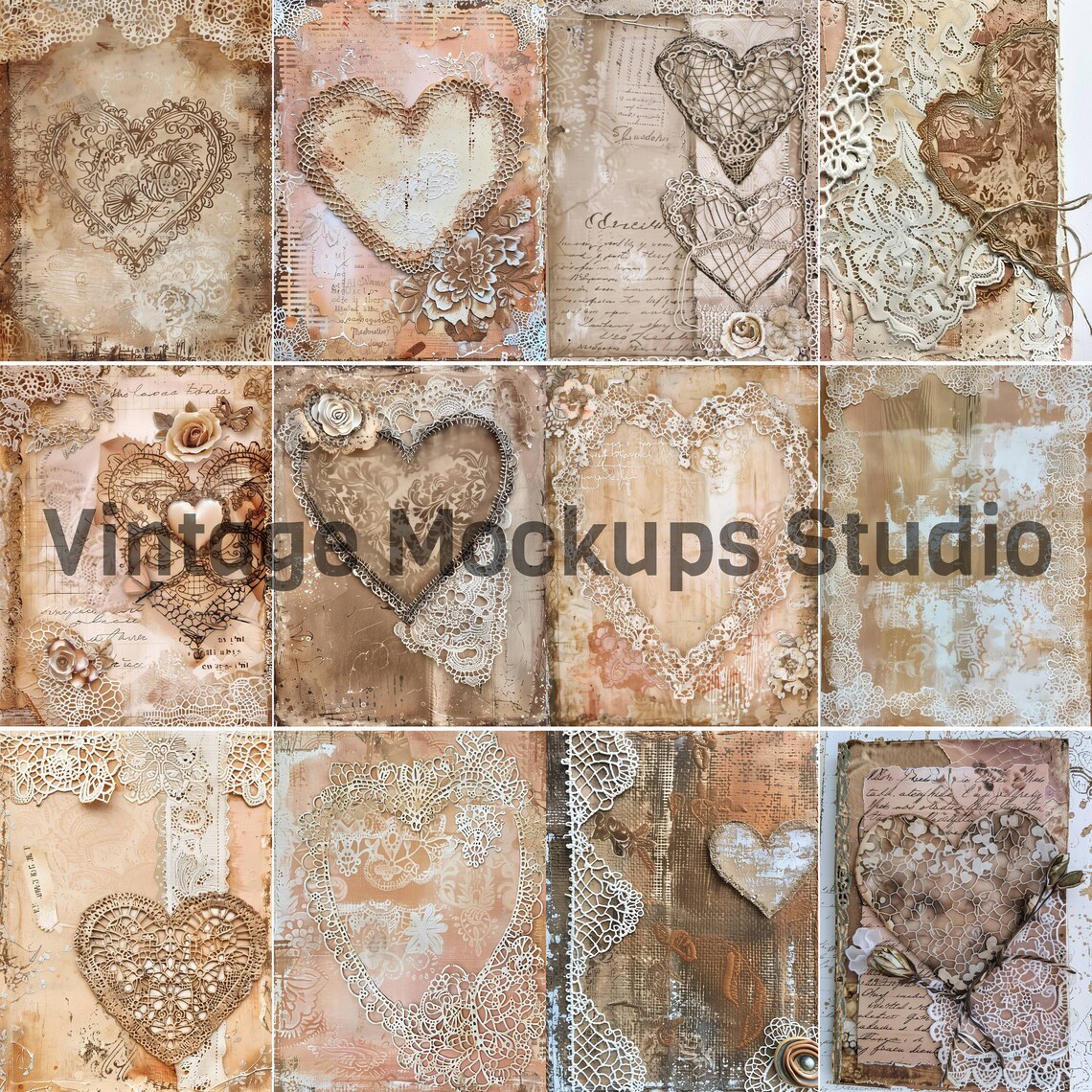 50 Heart Junk Journal Pages, Printable Antique Lace Junk Journal Hearts ...