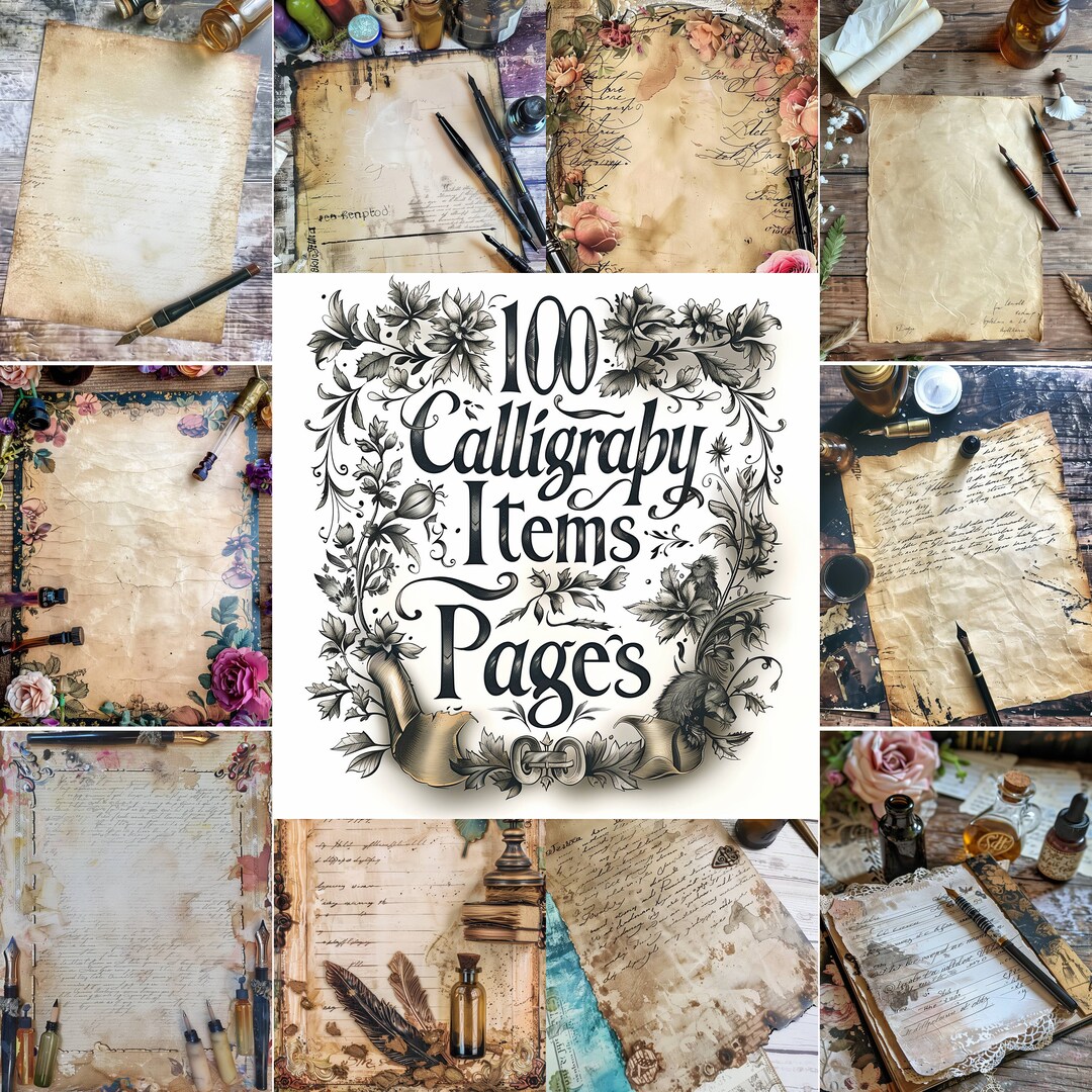 100 Calligraphy Items Junk Journal Pages, Printable Calligraphy Pens ...