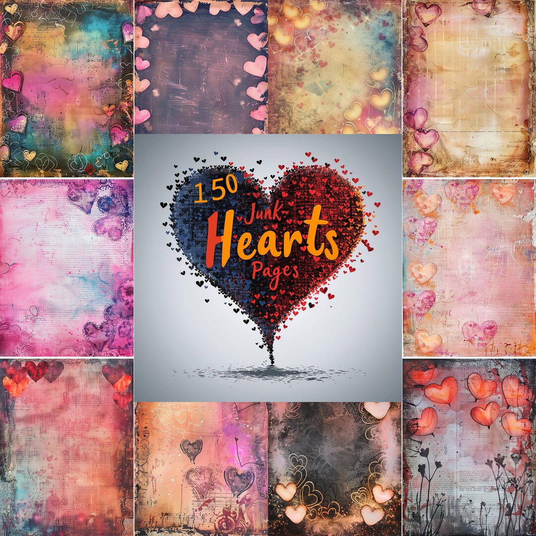 150 Hearts Junk Journal Pages, Printable Heart Journal Kit, Journal ...