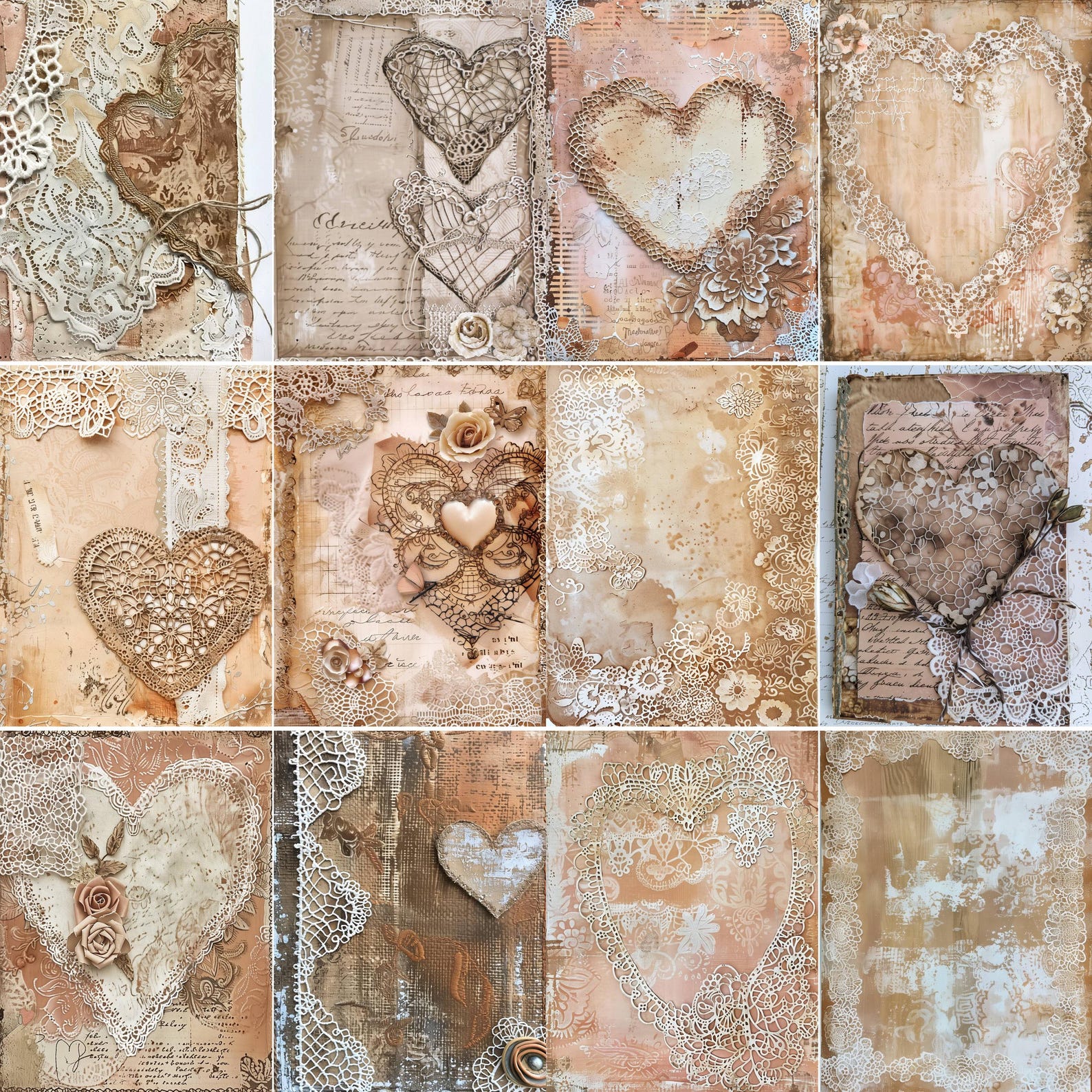 50 Heart Junk Journal Pages, Printable Antique Lace Junk Journal Hearts ...