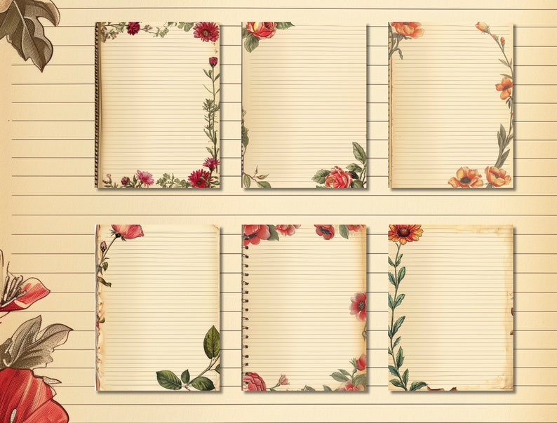60 Lined Floral Junk Journal Pages, Printable Lined Flower Junk Journal ...
