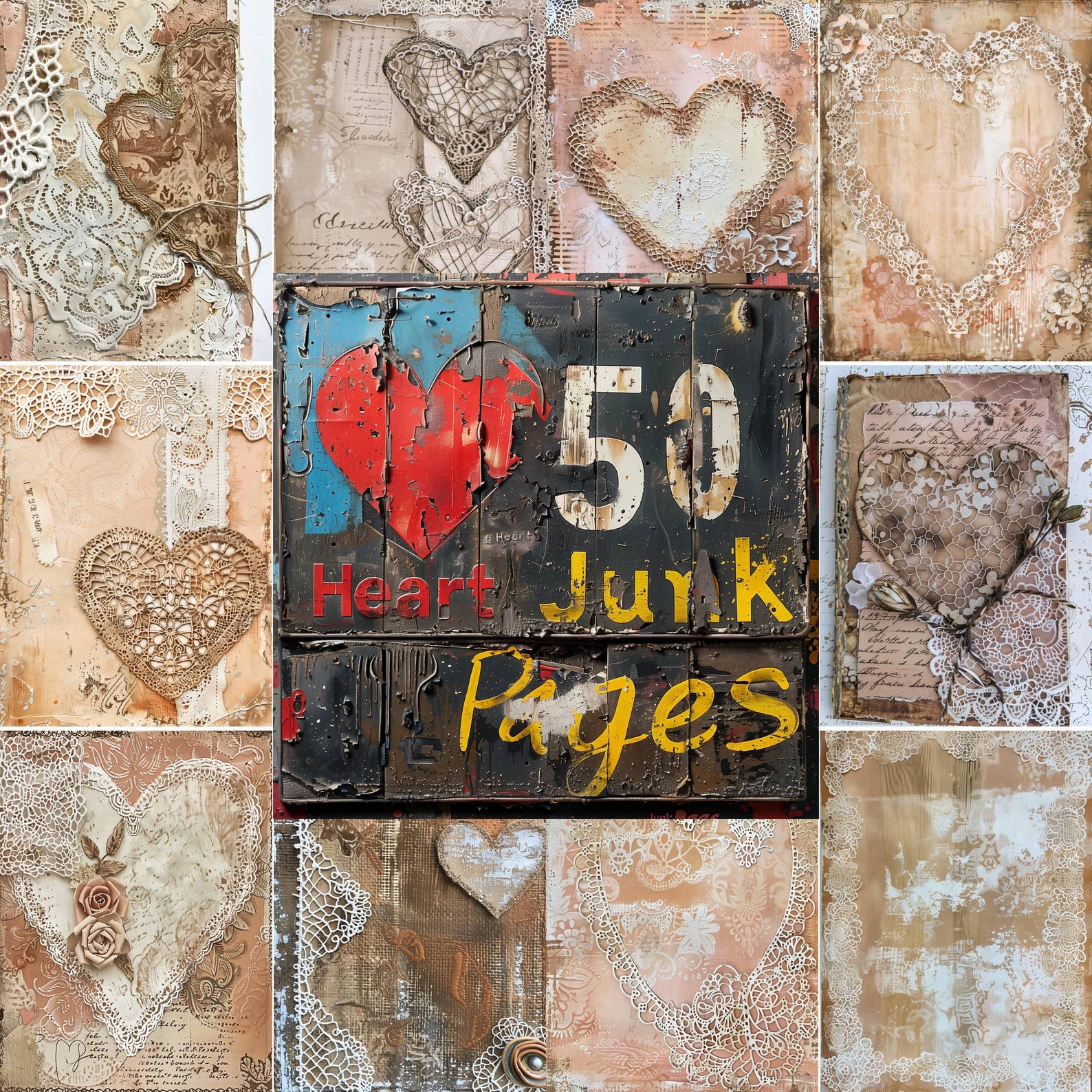 50 Heart Junk Journal Pages, Printable Antique Lace Junk Journal Hearts ...