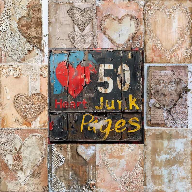 50 Heart Junk Journal Pages, Printable Antique Lace Junk Journal Hearts ...
