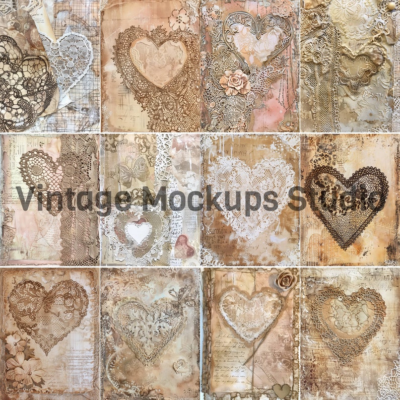50 Heart Junk Journal Pages, Printable Antique Lace Junk Journal Hearts ...