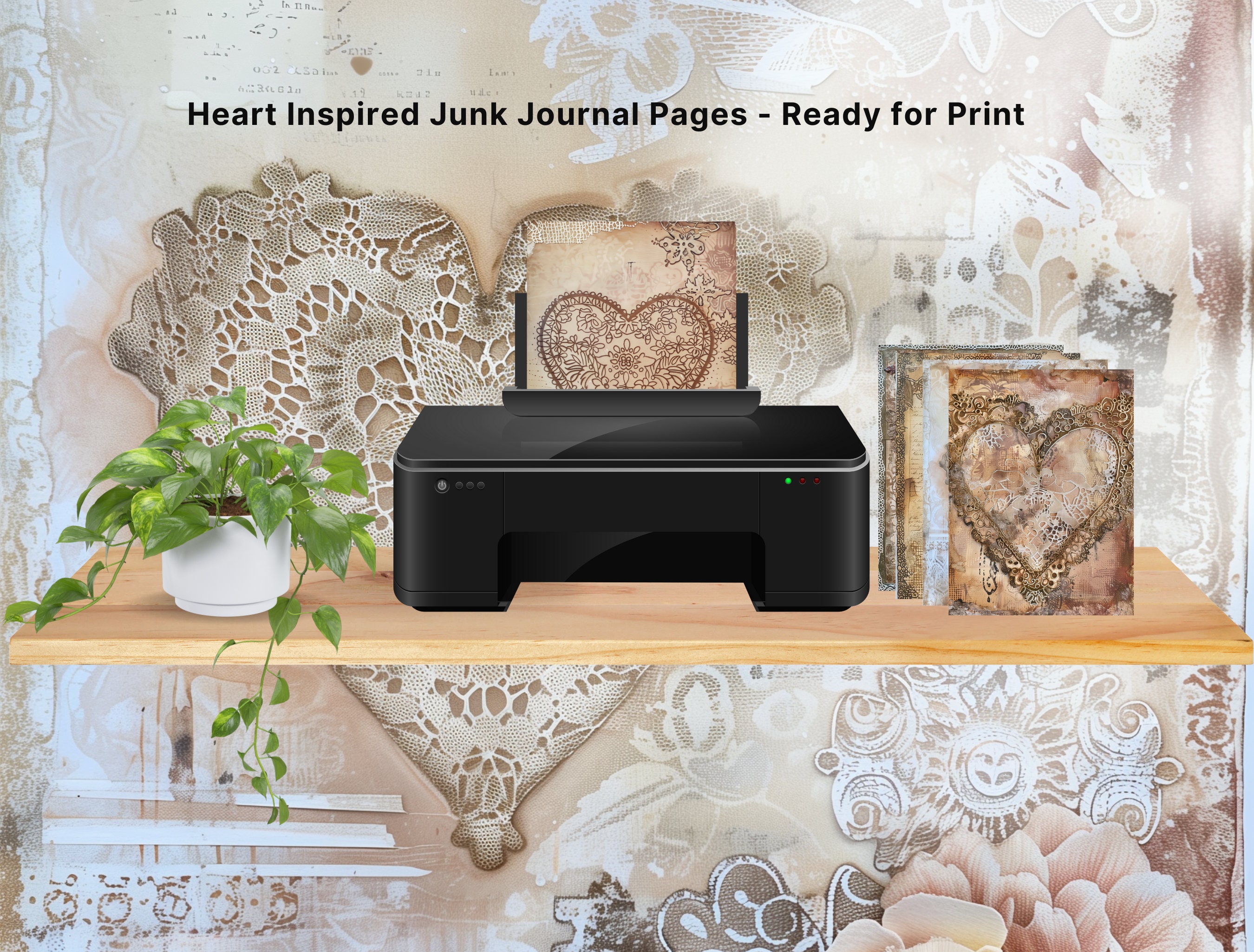 50 Heart Junk Journal Pages, Printable Antique Lace Junk Journal Hearts ...