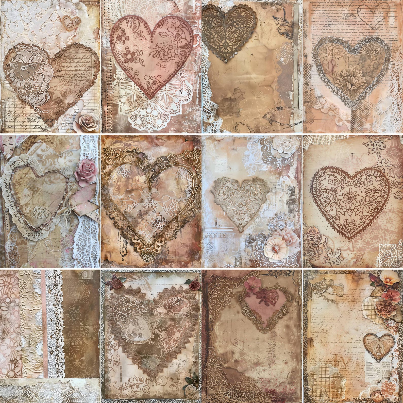 50 Heart Junk Journal Pages, Printable Antique Lace Junk Journal Hearts ...