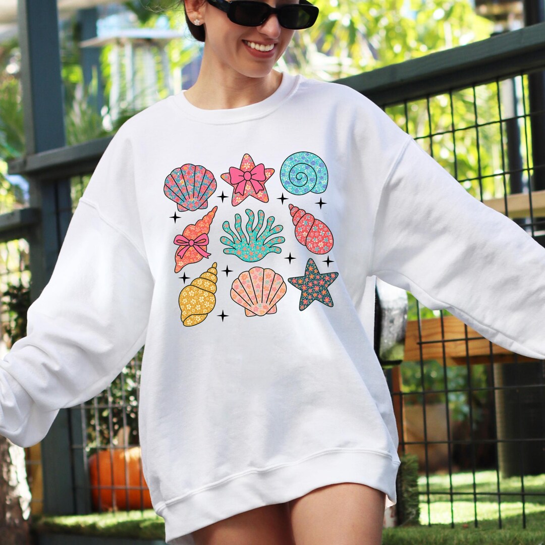 Wildflower Seashell Clam Summer Sweatshirt, Floral Summer Sweater, Cute ...