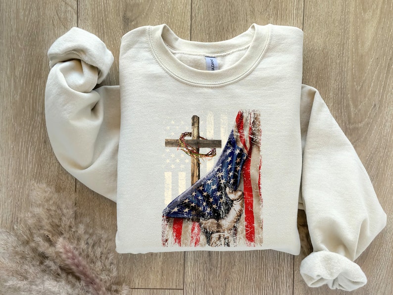 Christian Cross American Flag Sweatshirt, Usa Flag Cross Sweatshirt ...