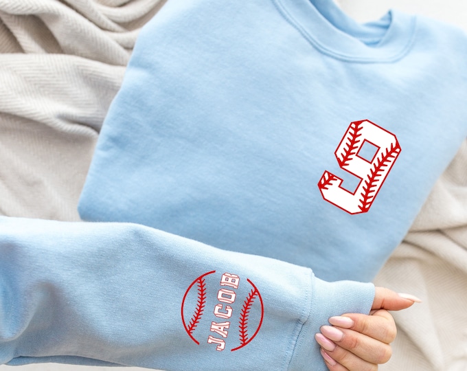 BASEBALL Embroidered Sweatshirt- Childs Name on Sleeve- Personalized ...