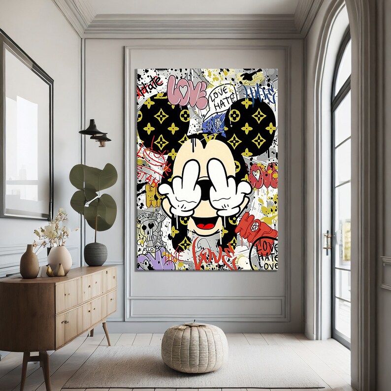 Mickey Mouse Love Hate Pop Art Graffiti Canvas Wall Art, Abstract ...