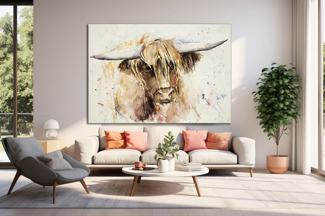 Horned Bull Canvas Wall Art, Cow Poster Print, Bull Home & Office ...