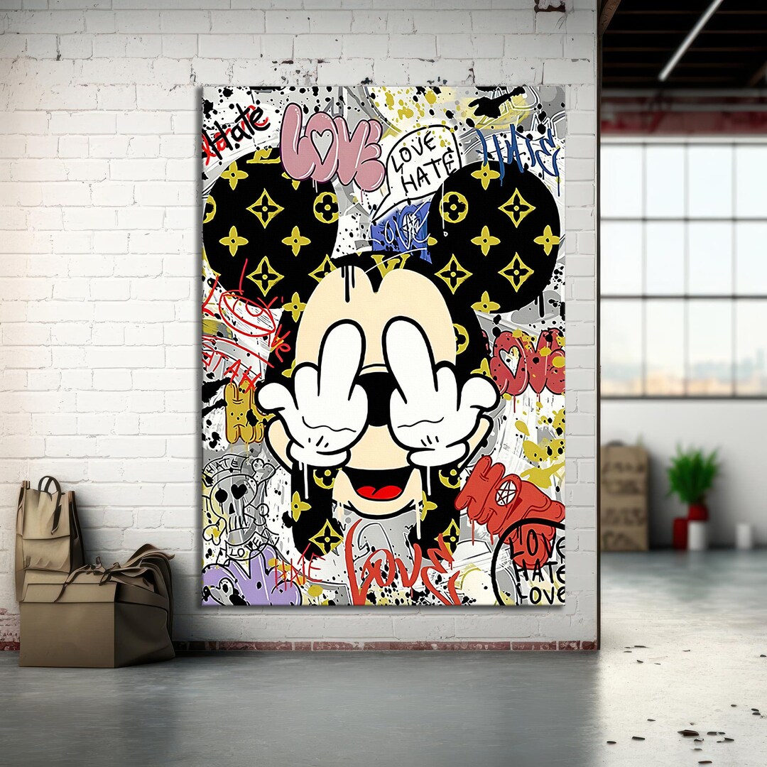 Mickey Mouse Love Hate Pop Art Graffiti Canvas Wall Art, Abstract ...