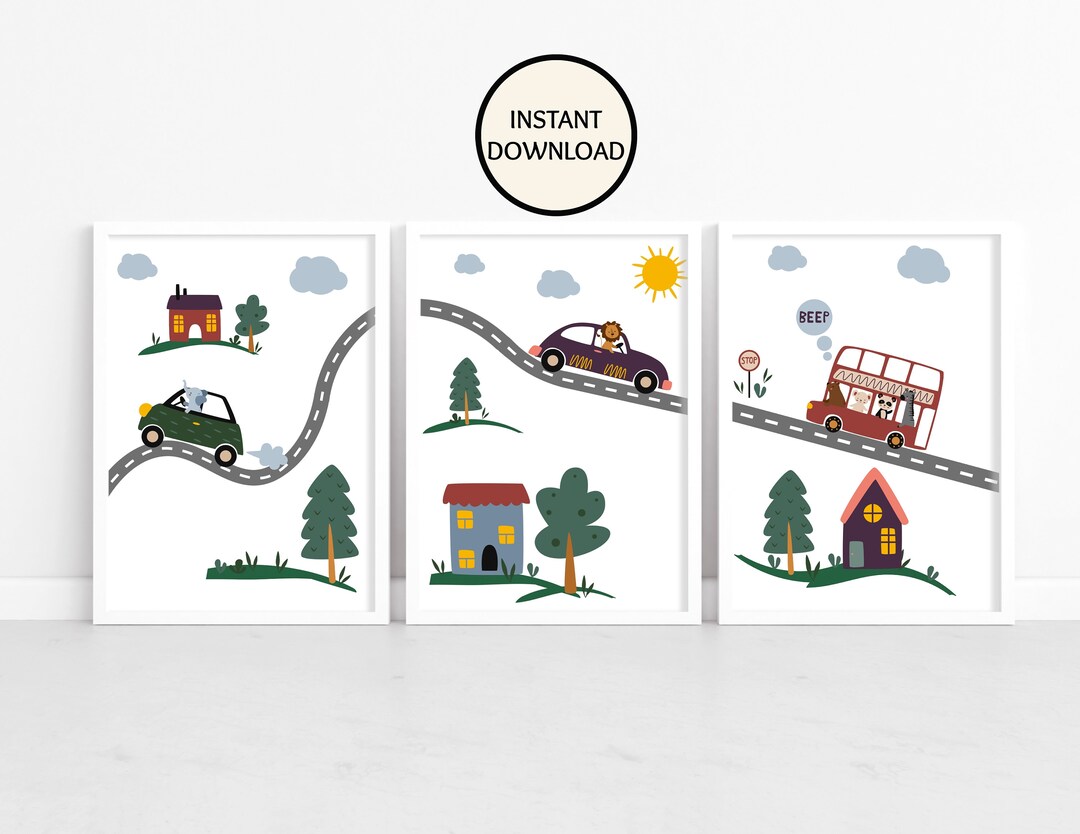 Driving Animals Set of Three, Animals Driving Cars Print Trio for Baby ...