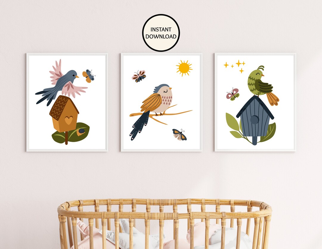 Happy Birds Set of Three, Birds Print Trio for Baby Room, Digital Bird ...