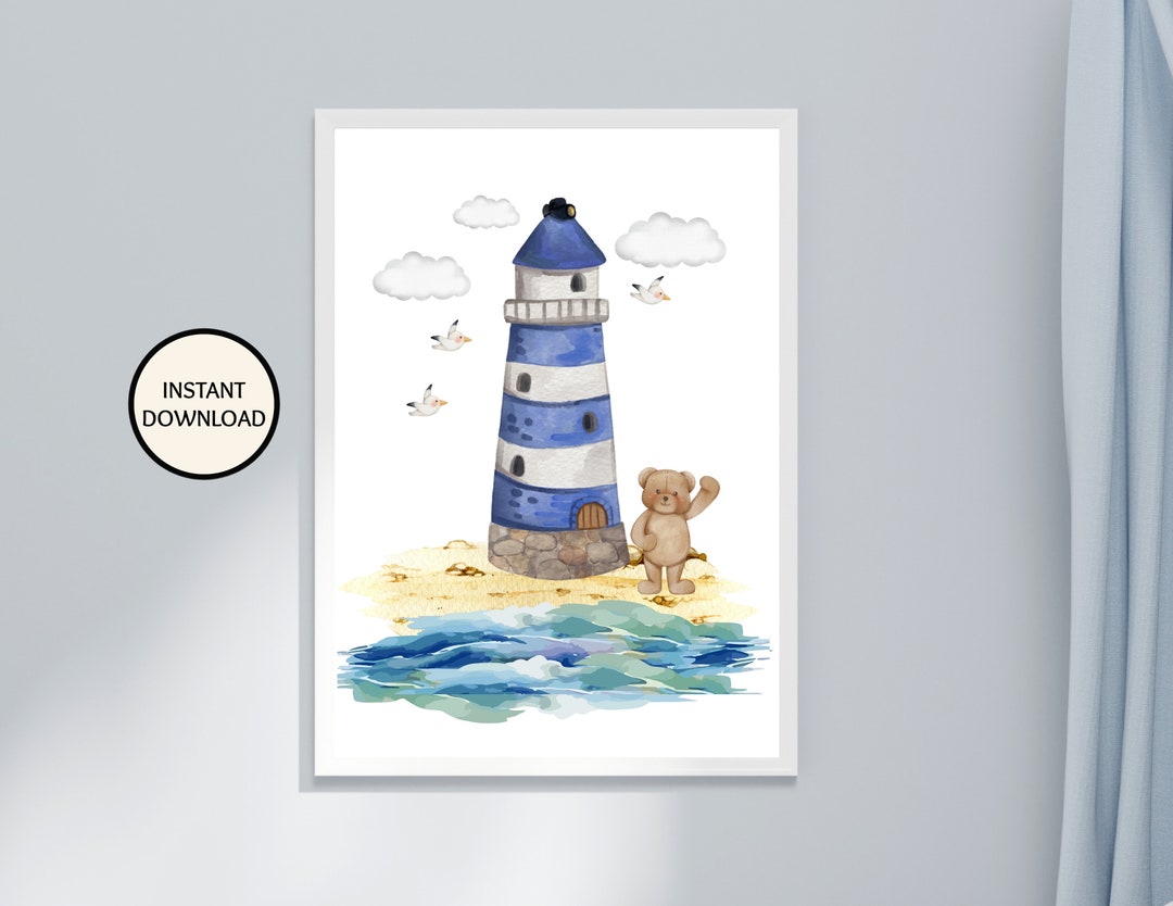 Lighthouse Bear Digital Print, Digital Download Nursery Print for Baby ...
