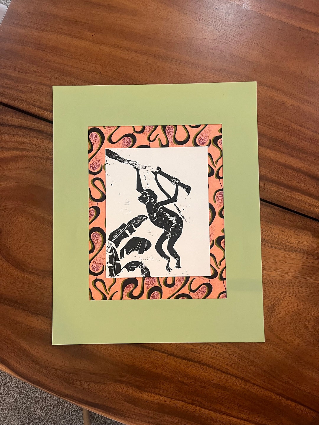 Linocut Monkey Swinging on a Tree With Decorative Matting unframed - Etsy