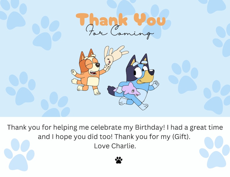 Bluey Thank You Card, Digital Download, Editable Party Invitation ...