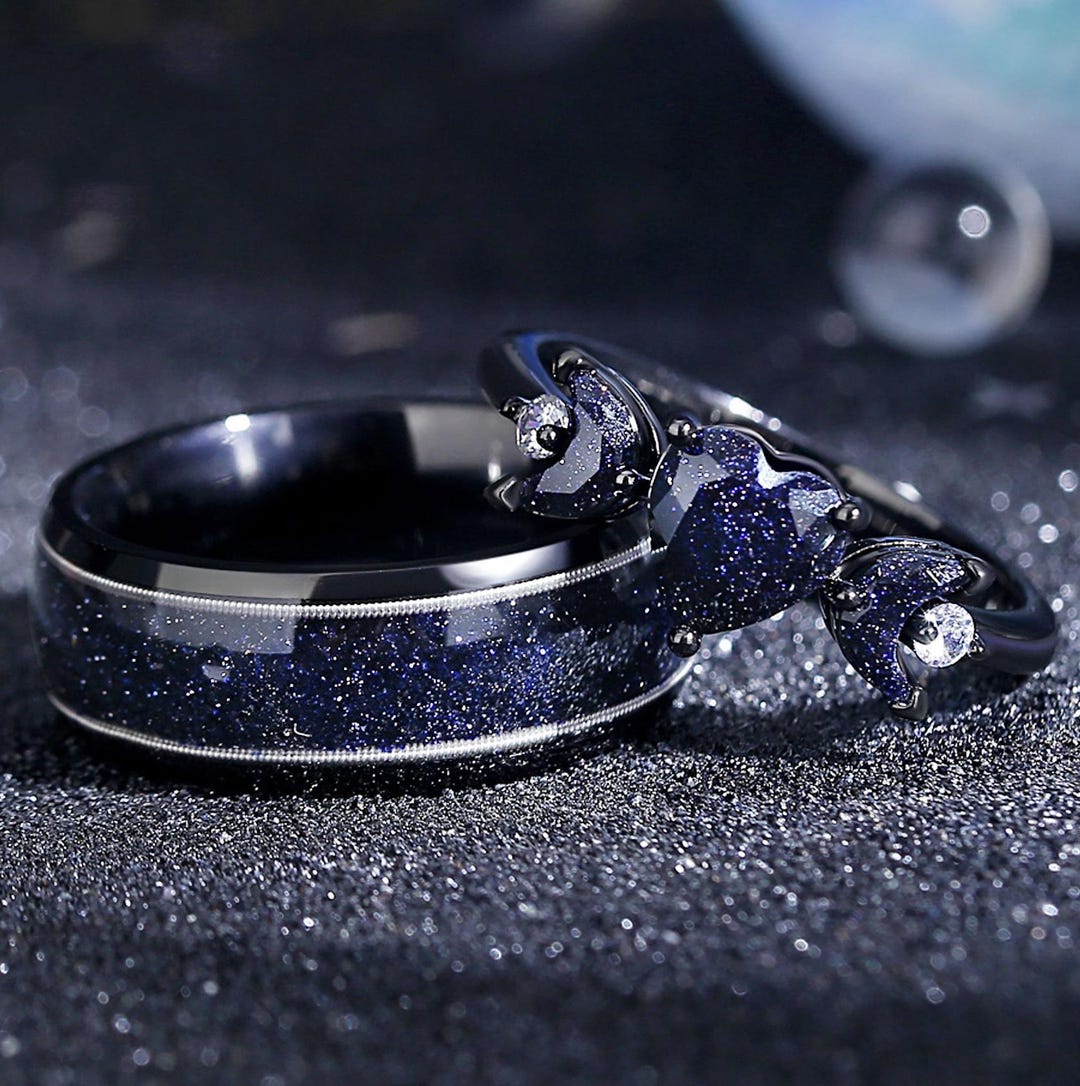 Orion Nebula Heart Shape Couples Rings – Guitar String Blue Sandstone ...