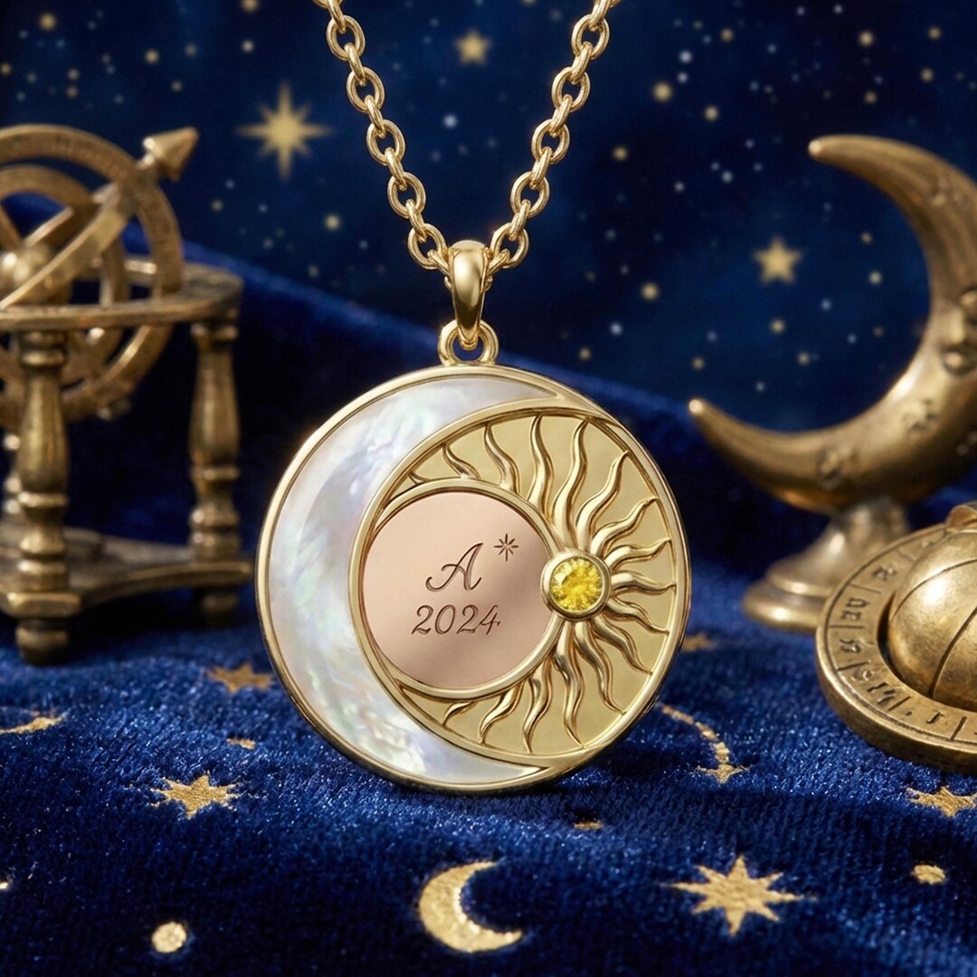 Sun and Moon Necklace, Custom Celestial Pendant With Initial and Date ...