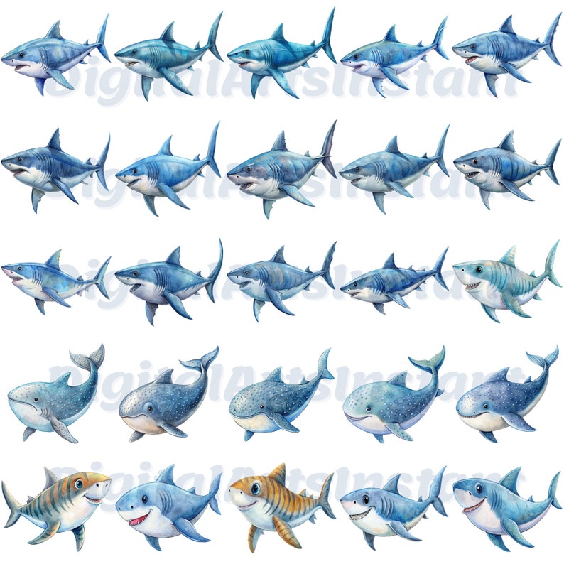 Watercolor Sharks Clipart Part 3 Shark Clipart Download, Instant ...