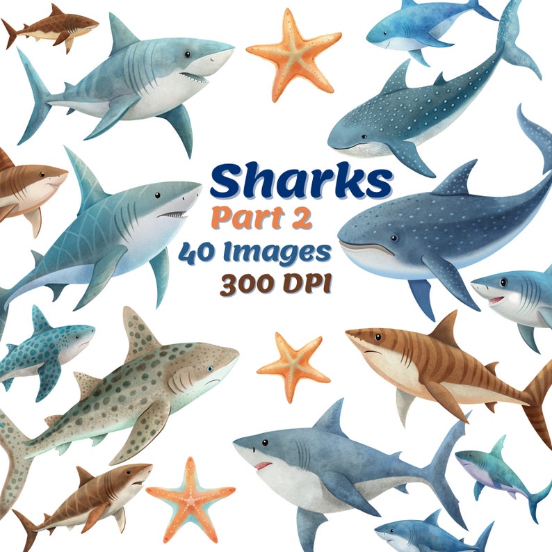 Watercolor Sharks Clipart Part 2 Shark Clipart Download, Instant ...
