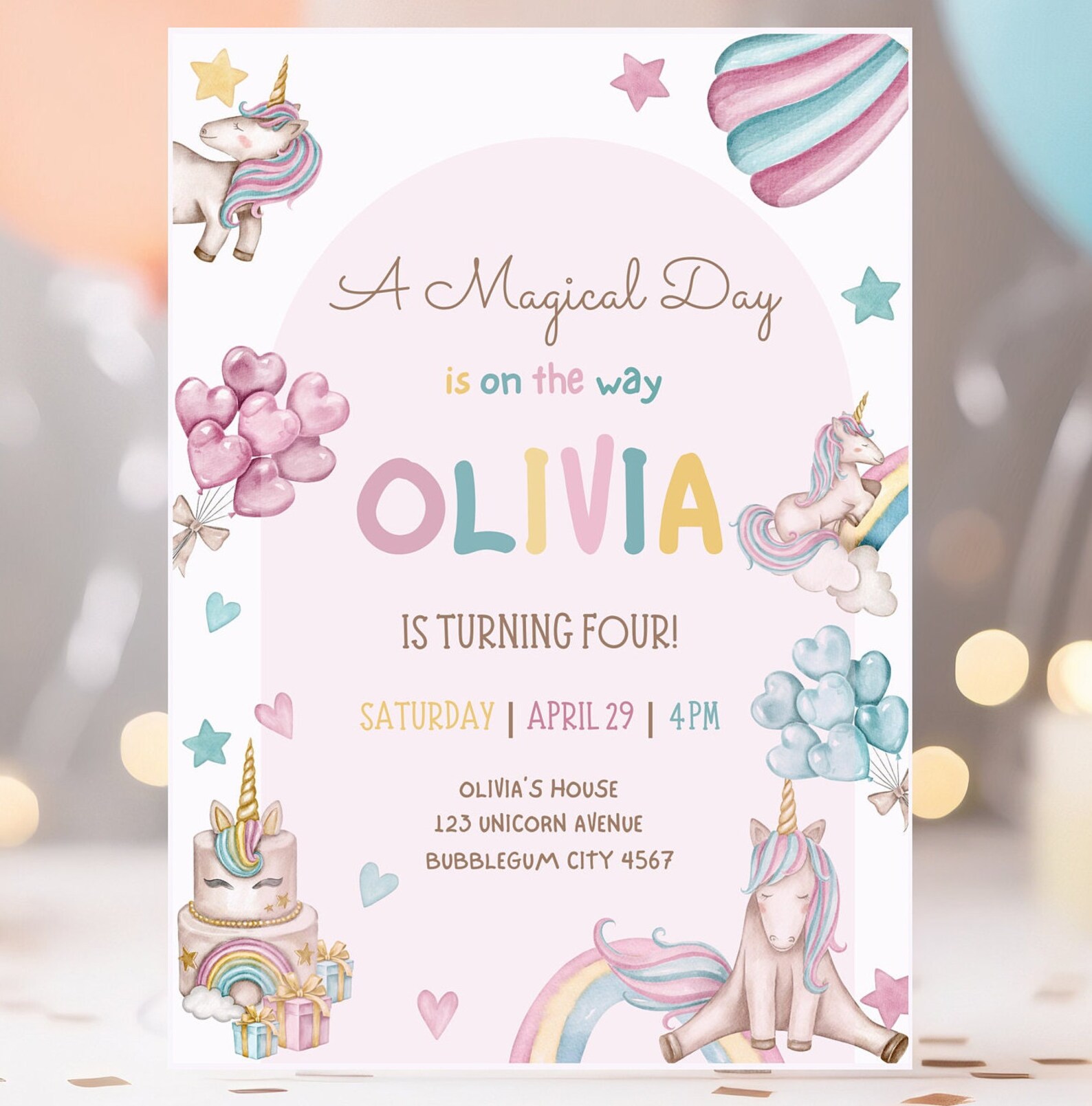 Editable Rainbow Unicorn Birthday Invitation, Magical Pastel Whimsical ...